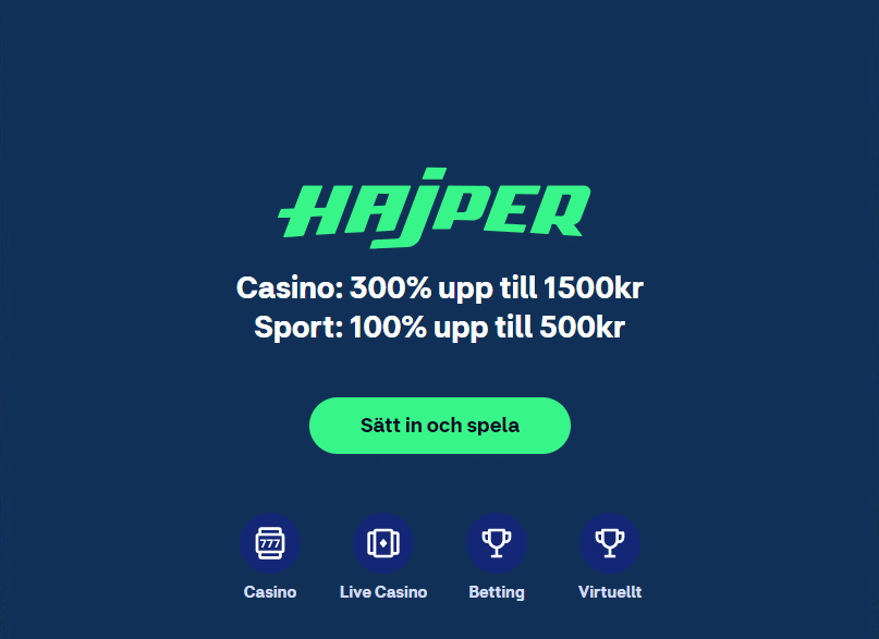 Hajper Casino - Bonus på 300% upp till 1500 kr